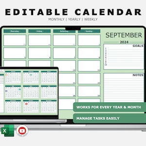 Editable Monthly Calendar Excel Undated Task Planner Customizable Auto ...