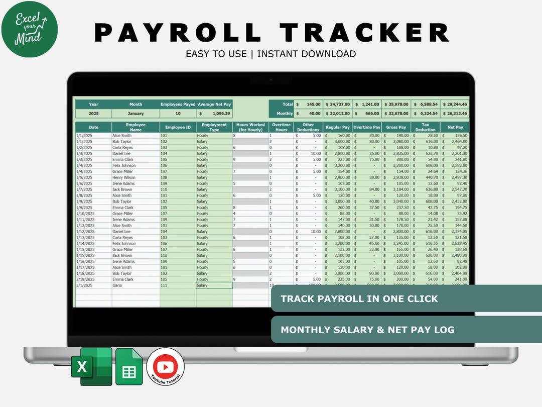 Payroll Tracker Excel Template | Employee Net Pay, Overtime & Tax ...