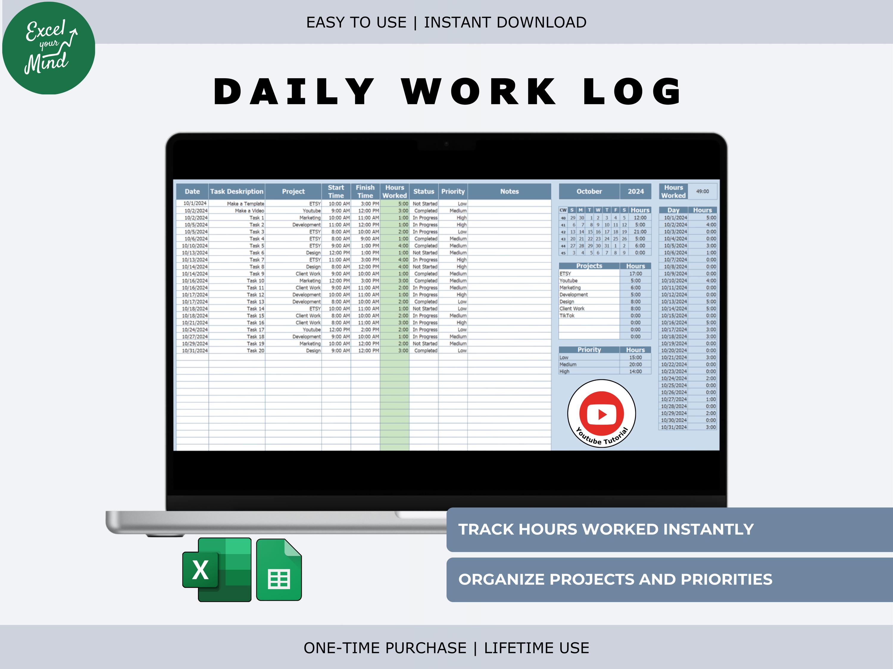 Daily Work Log With Auto Hour Calculation (excel & Google Sheets) - Etsy