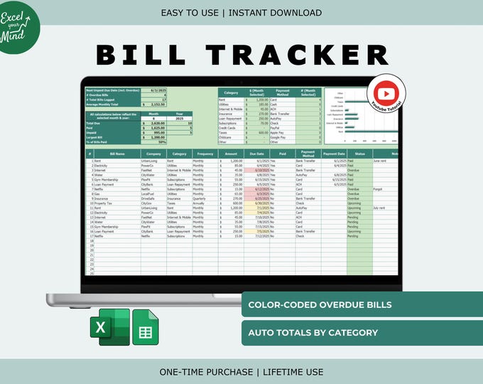 Bill & Payment Tracker Spreadsheet: Monthly Due Dates, Status Colors ...