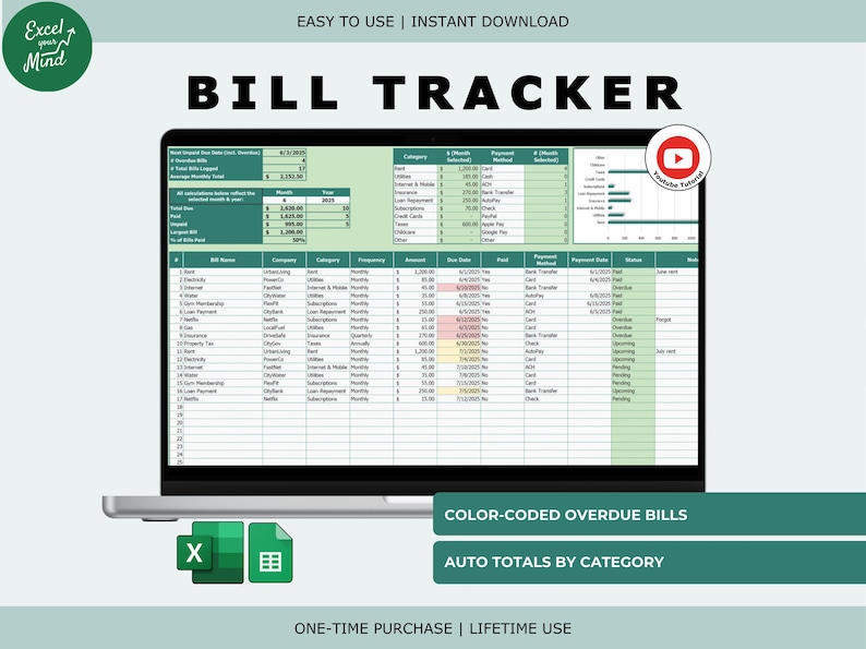 Bill & Payment Tracker Spreadsheet: Monthly Due Dates, Status Colors ...