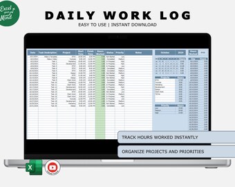 EDITABLE Daily Work Log Excel Template Track Time Projects Priorities ...