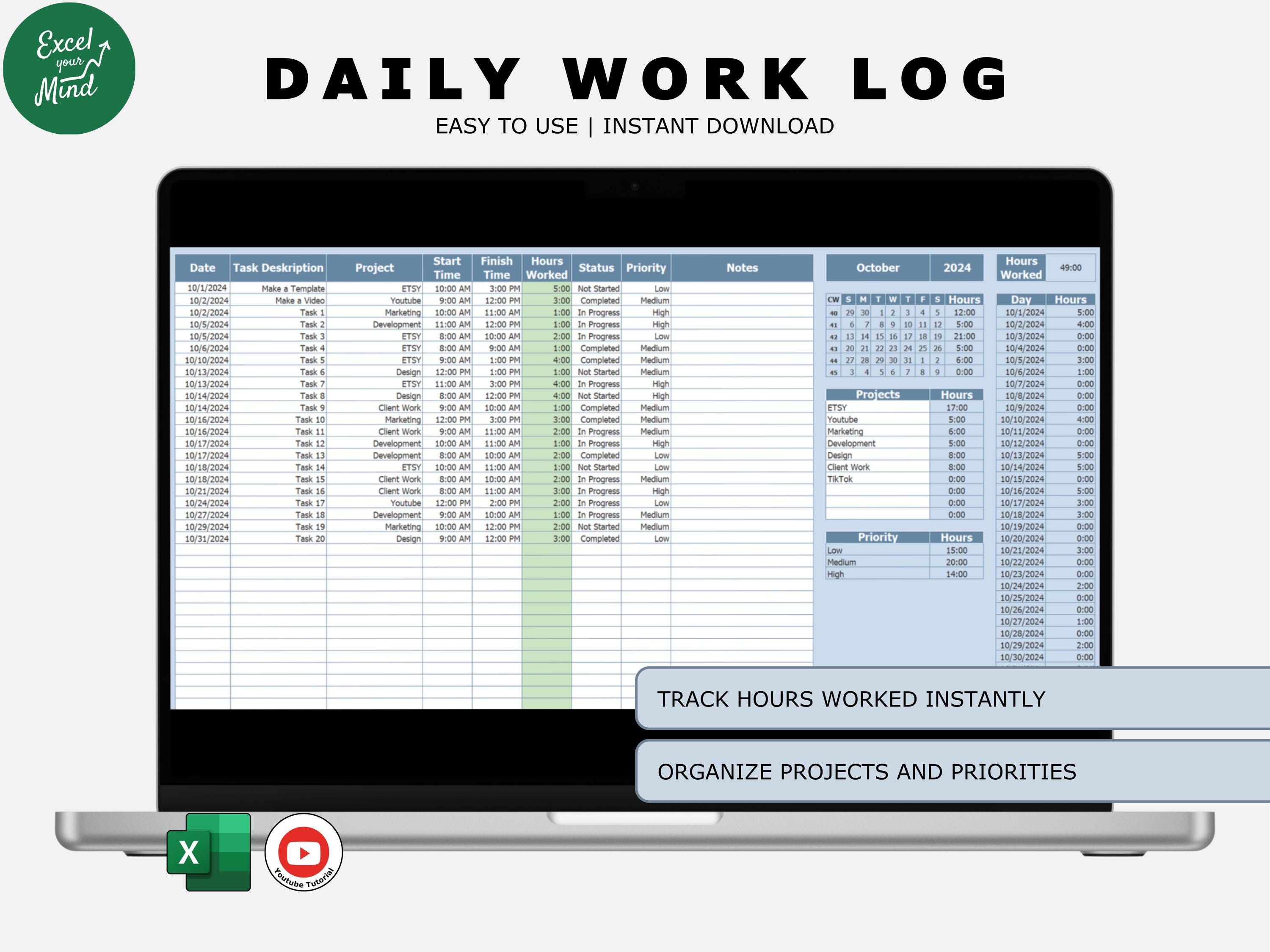 Daily Work Log With Auto Hour Calculation (excel & Google Sheets) - Etsy