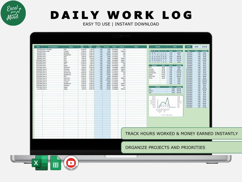 Daily Work Log With Auto Hour Calculation (excel & Google Sheets) - Etsy