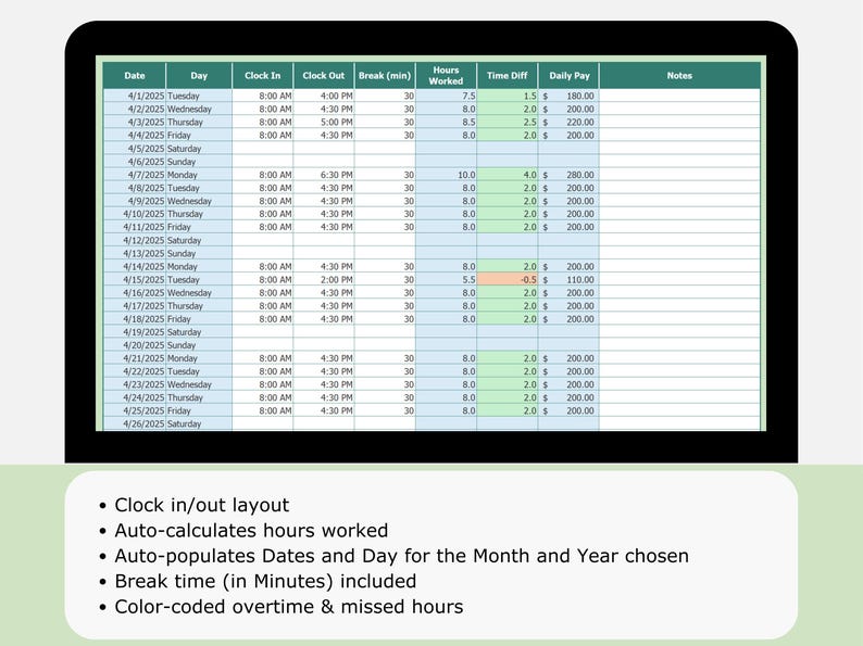 Clock in & Out Timesheet: Auto Hour Tracking, Overtime Pay Calculator (excel, Google Sheets) - Etsy