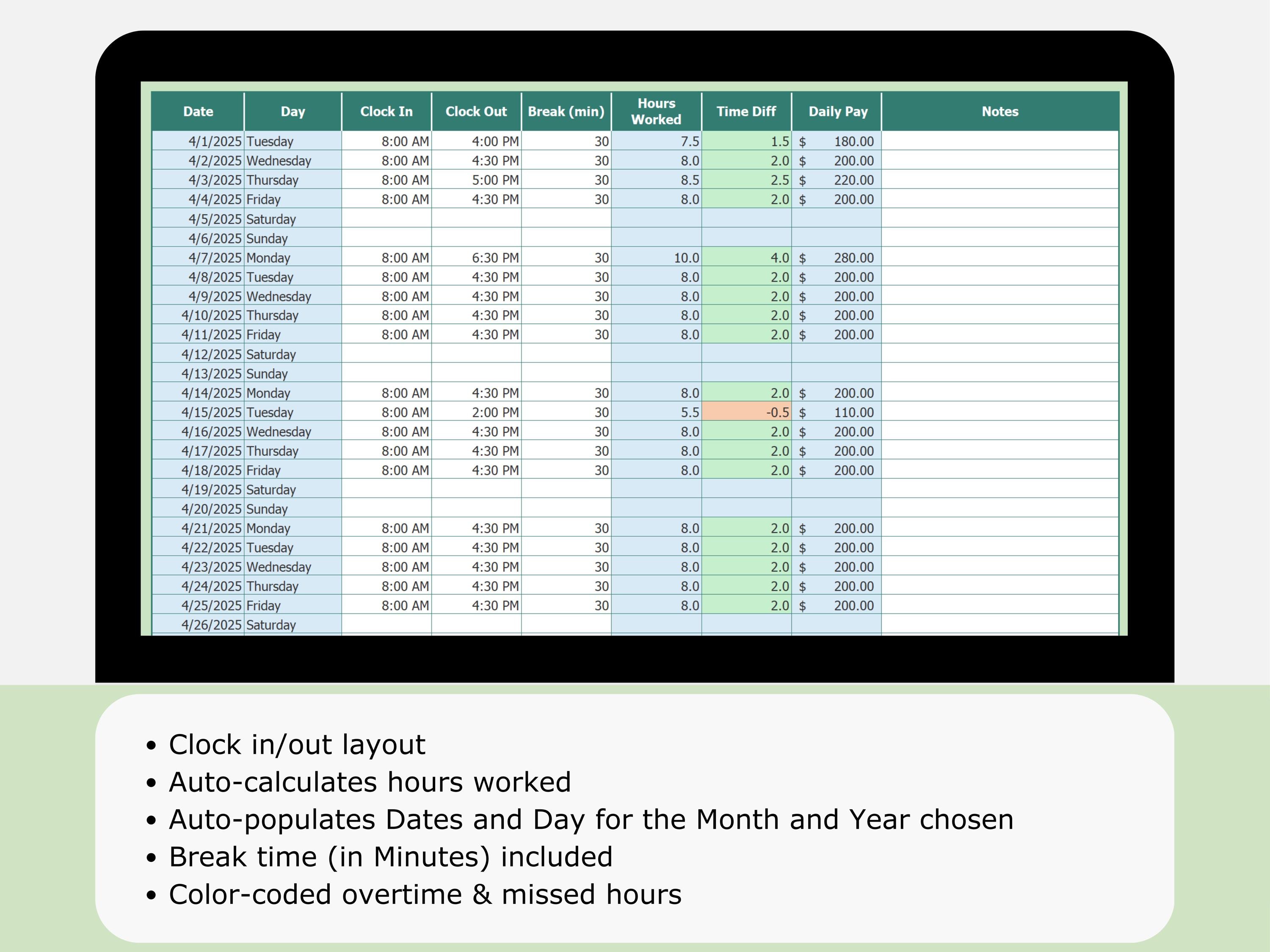 Clock in & Out Timesheet: Auto Hour Tracking, Overtime Pay Calculator ...