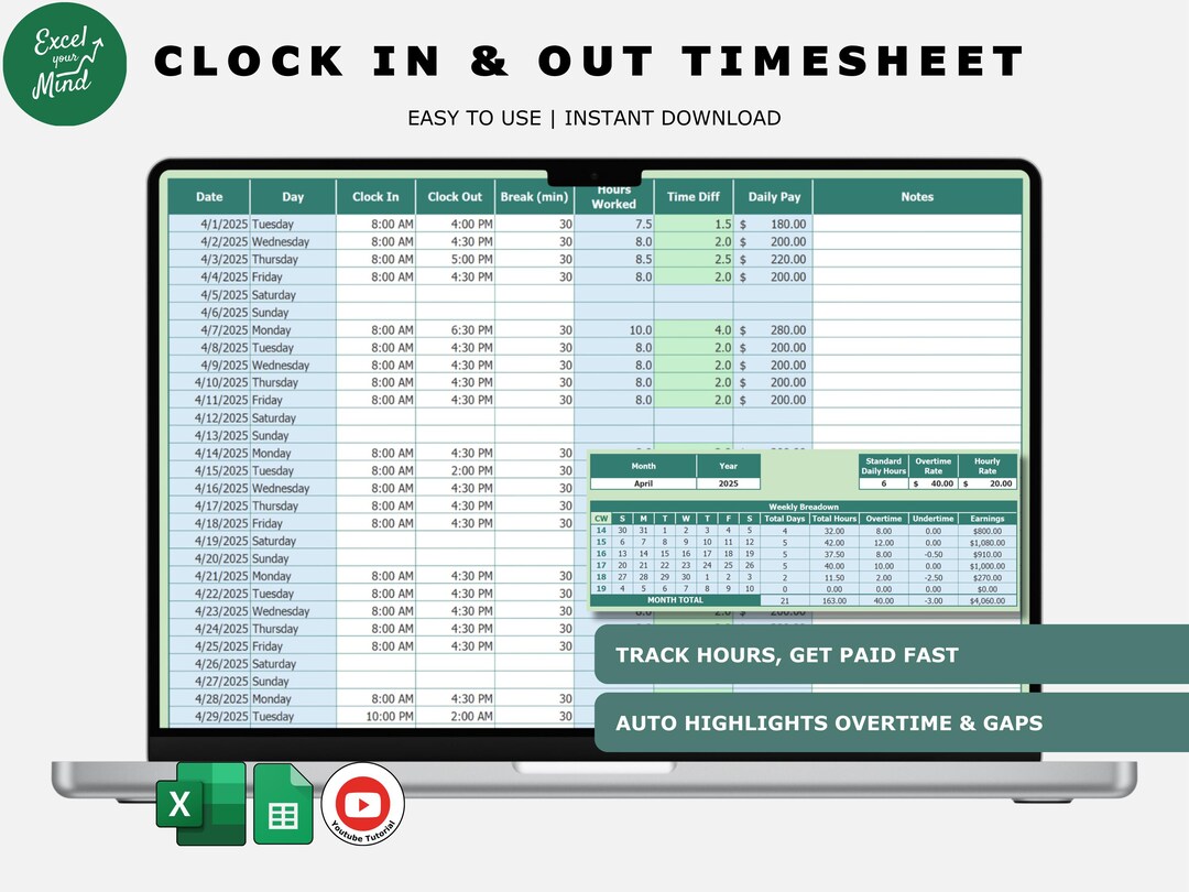 Clock in & Out Timesheet Spreadsheet | Excel Google Sheets | Daily Work ...