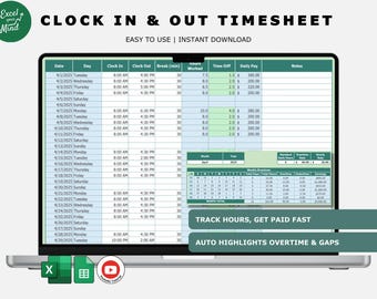 Clock in & Out Timesheet: Auto Hour Tracking, Overtime Pay Calculator (excel, Google Sheets) - Etsy
