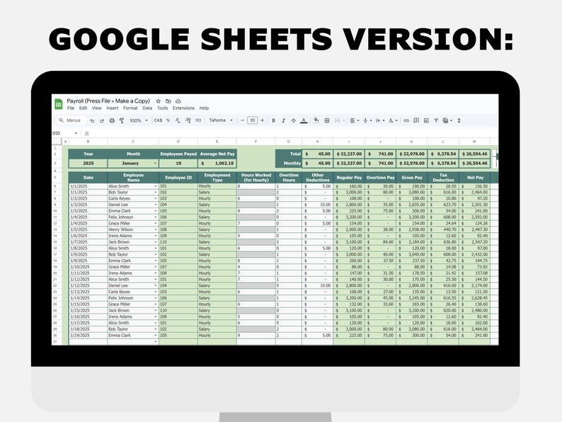 Payroll Template for Excel & Google Sheets | Multi-employee Salary ...