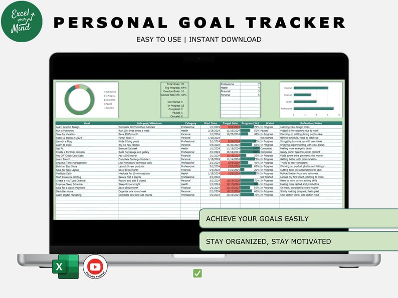 Personal Goal Tracker | Excel Goal Planner | Progress Tracker | Goal ...