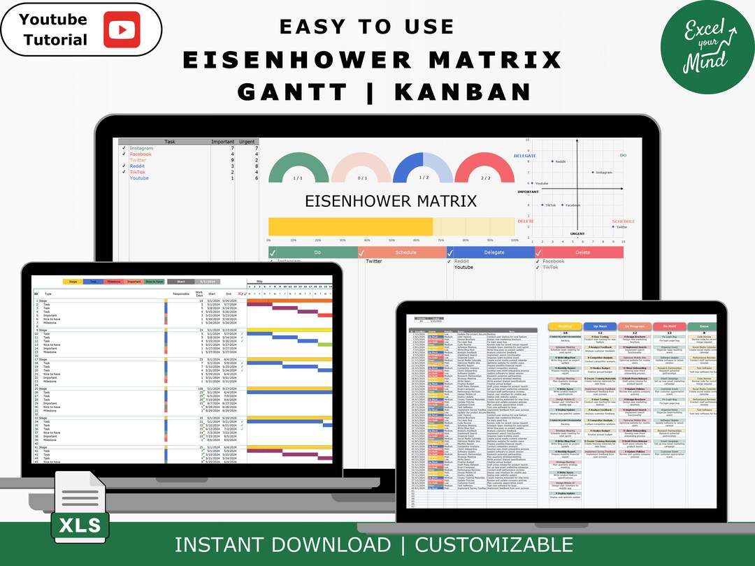 Eisenhower Matrix Kanban Board Gantt Chart Project Management Excel Tool - Etsy