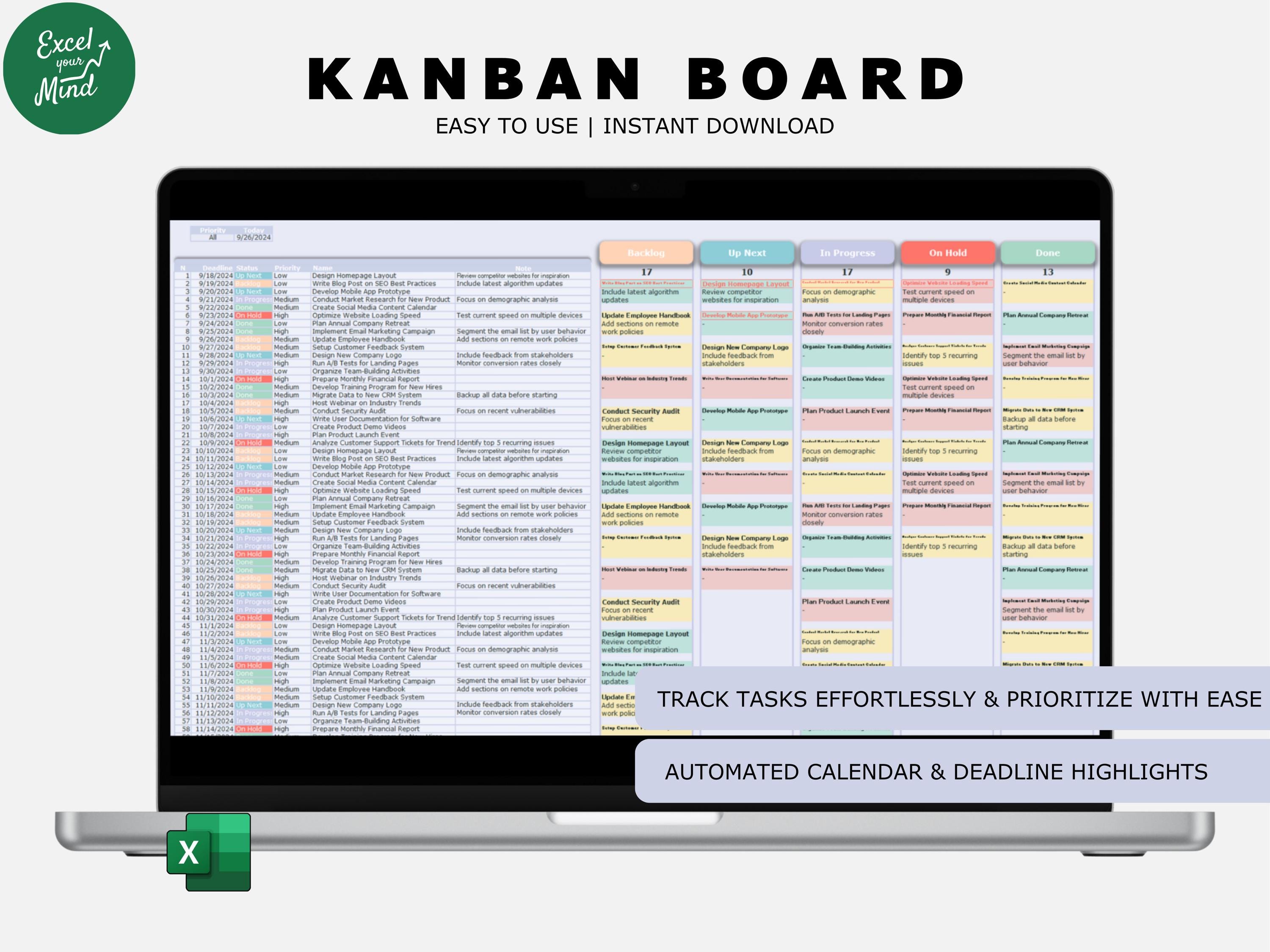 Kanban Board With Automated Calendar | Track Tasks by Deadline, Filter ...