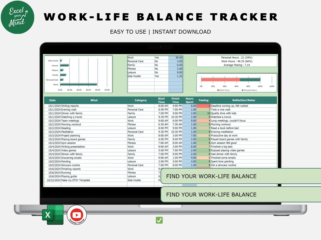 Work - Life Balance Tracker | Excel Template for Time Management ...