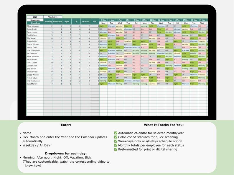 Monthly Staff Shift Attendance Tracker Excel Template – Present, Absent ...