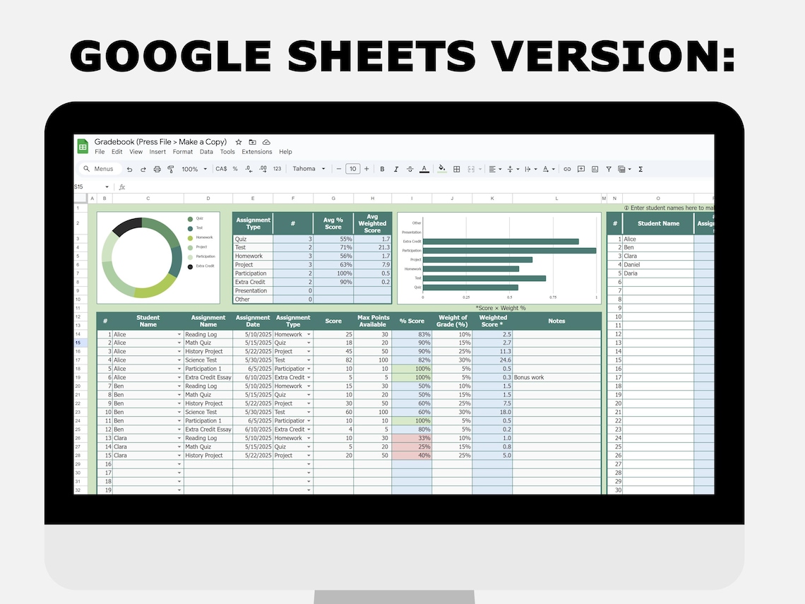 Gradebook Spreadsheet: Weighted Averages, Assignment Types, Final Score ...