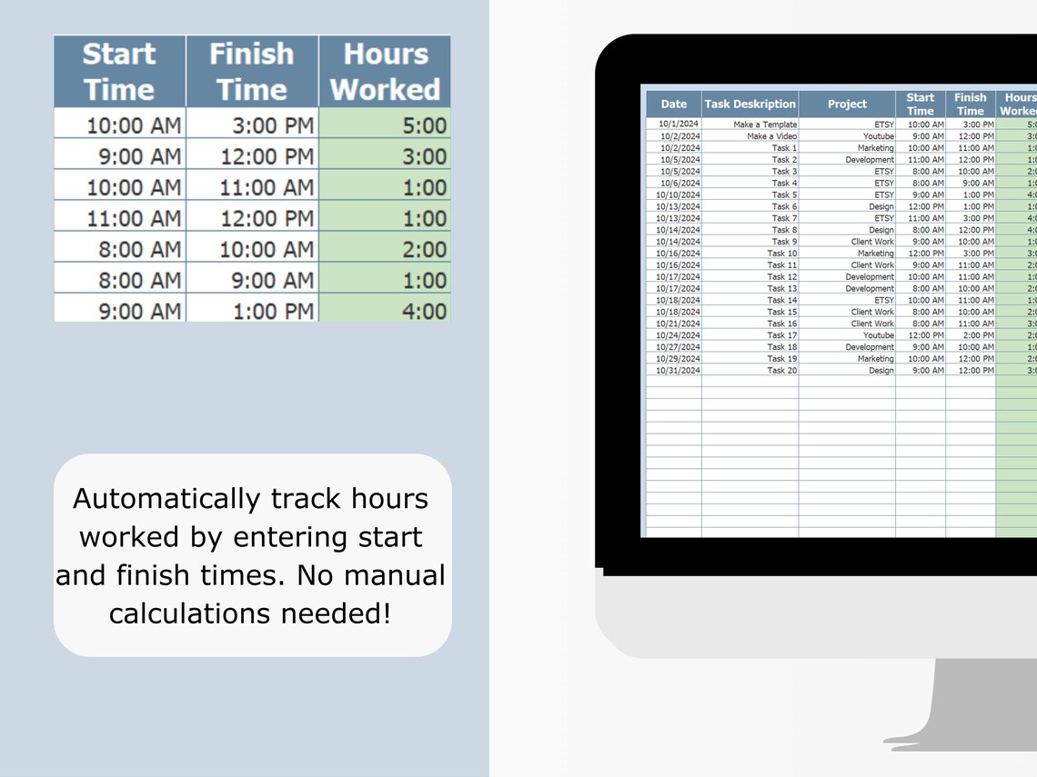Daily Work Log With Auto Hour Calculation (excel & Google Sheets) - Etsy