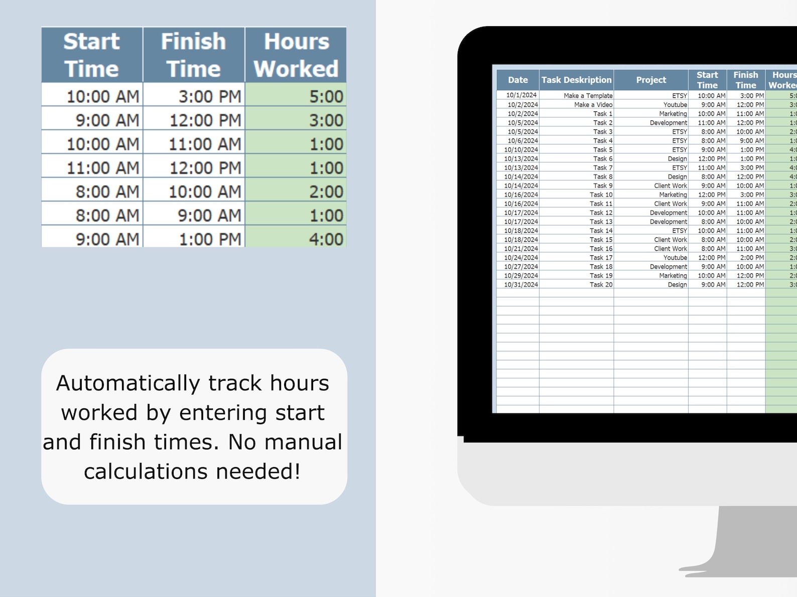 Daily Work Log With Auto Hour Calculation (excel & Google Sheets) - Etsy