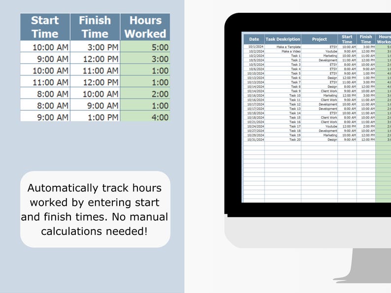 Daily Work Log With Auto Hour Calculation (excel & Google Sheets) - Etsy