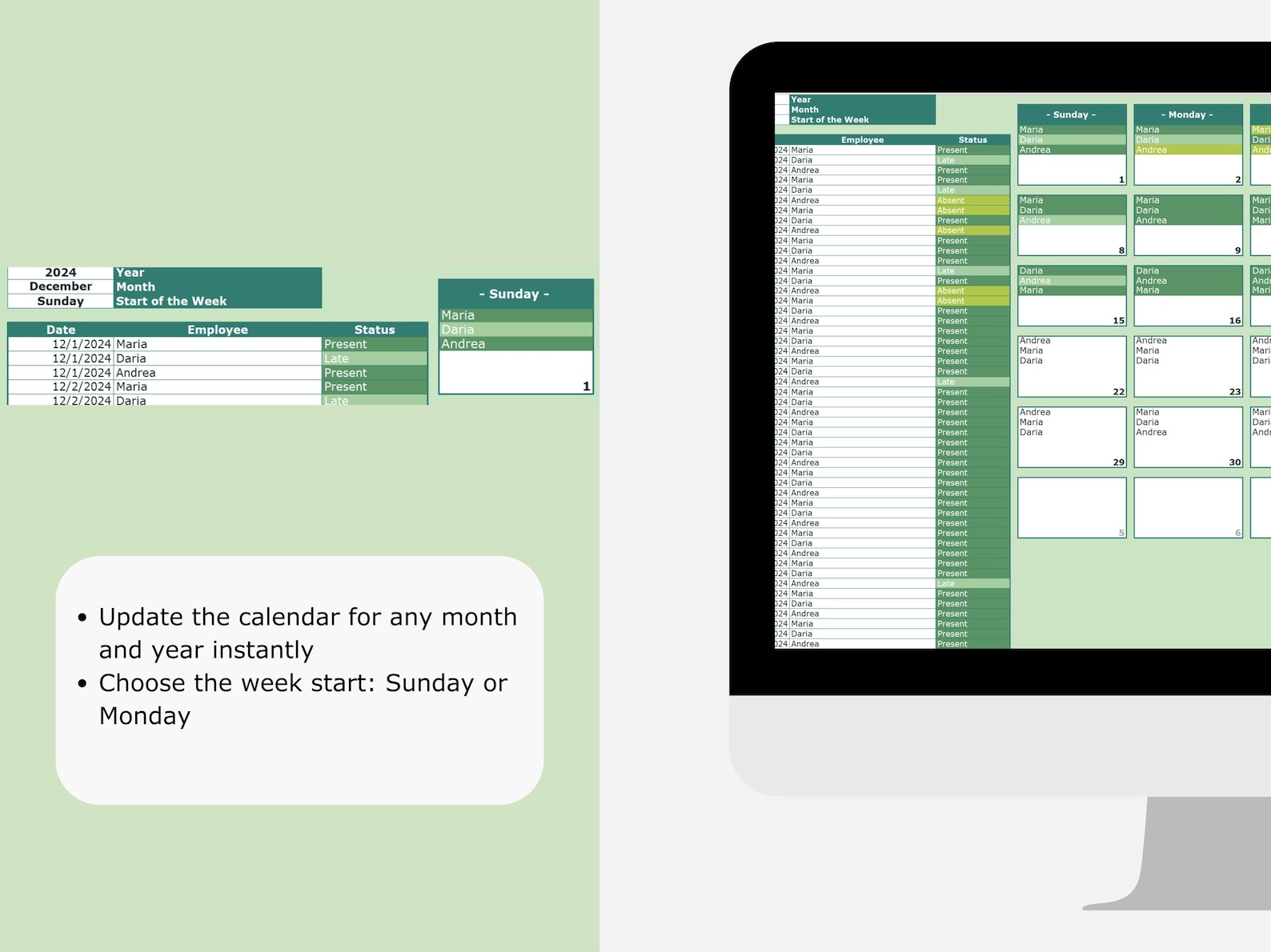 Employee Attendance Tracker: Monthly Calendar View + Status Log (excel ...