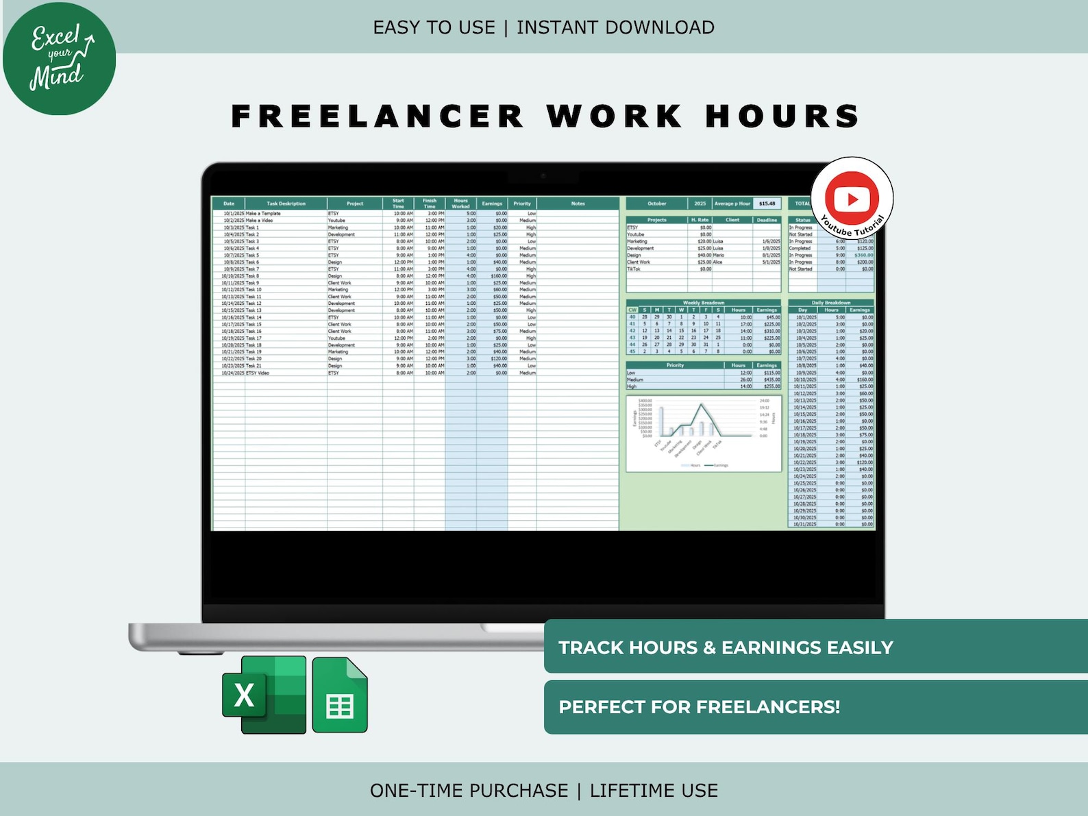 Freelancer Work Hours Tracker: Excel & Google Sheets Template - Etsy