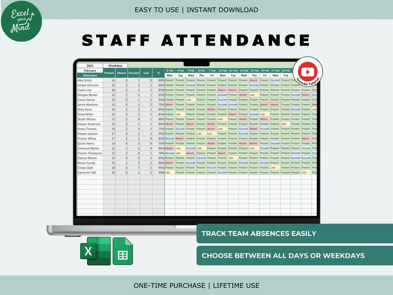 Employee Attendance Tracker | Excel & Google Sheets (digital Template ...