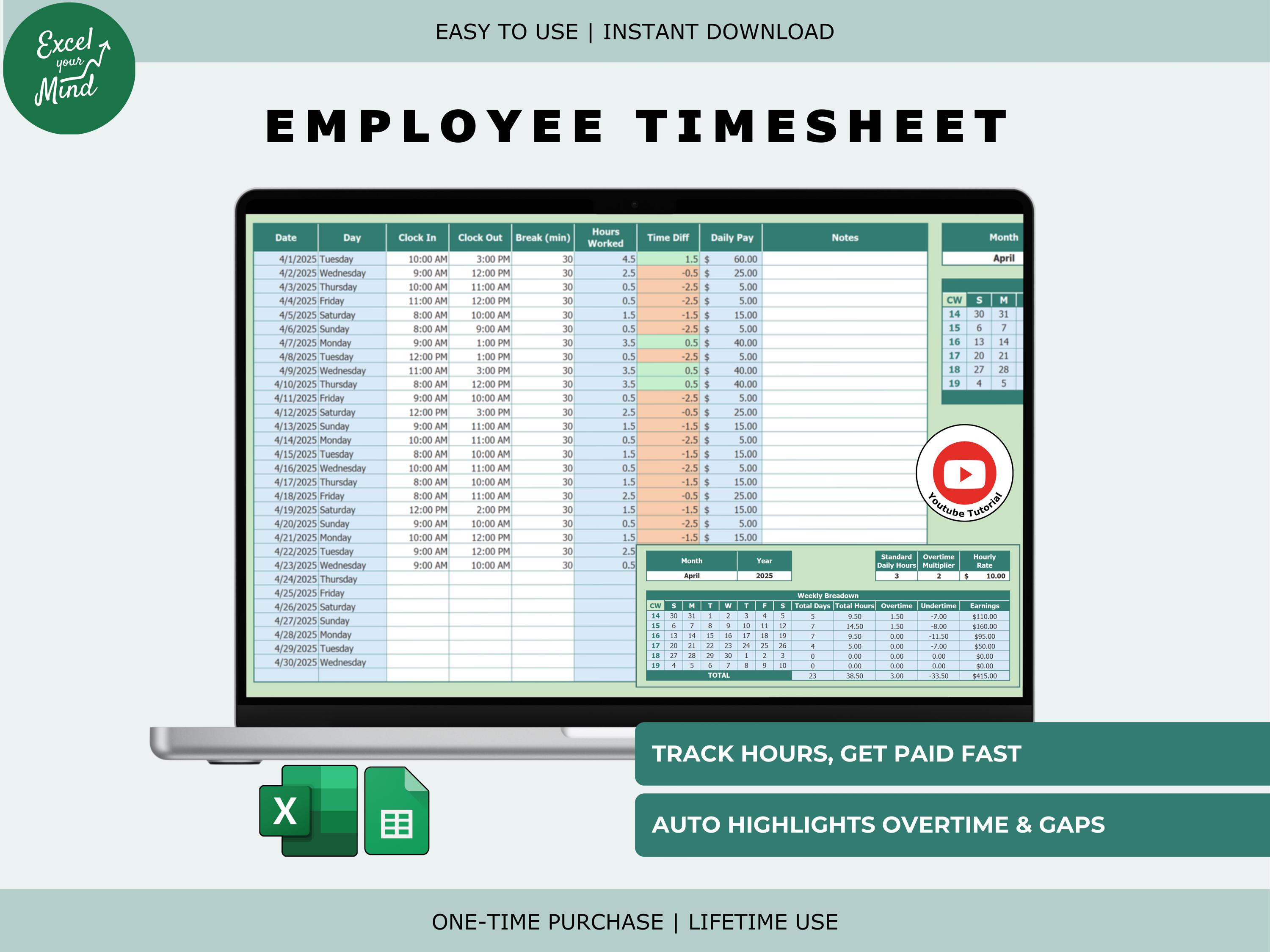 Employee Timesheet With Overtime | Clock in Out Tracker (excel & Google ...