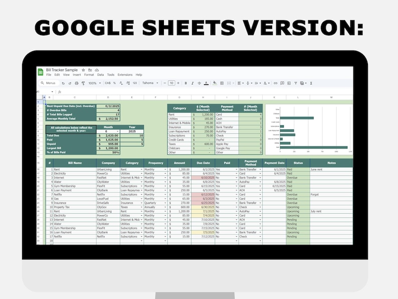 Bill & Payment Tracker Spreadsheet: Monthly Due Dates, Status Colors ...