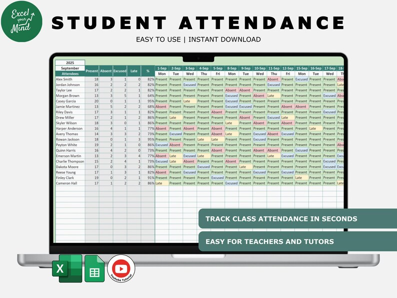 Attendance Spreadsheet for Students Classroom Daily Tracking Homeschool ...
