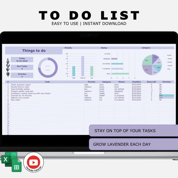 Excel To-do List Template, Task Tracker Spreadsheet, Productivity Planner Organization & Task ...