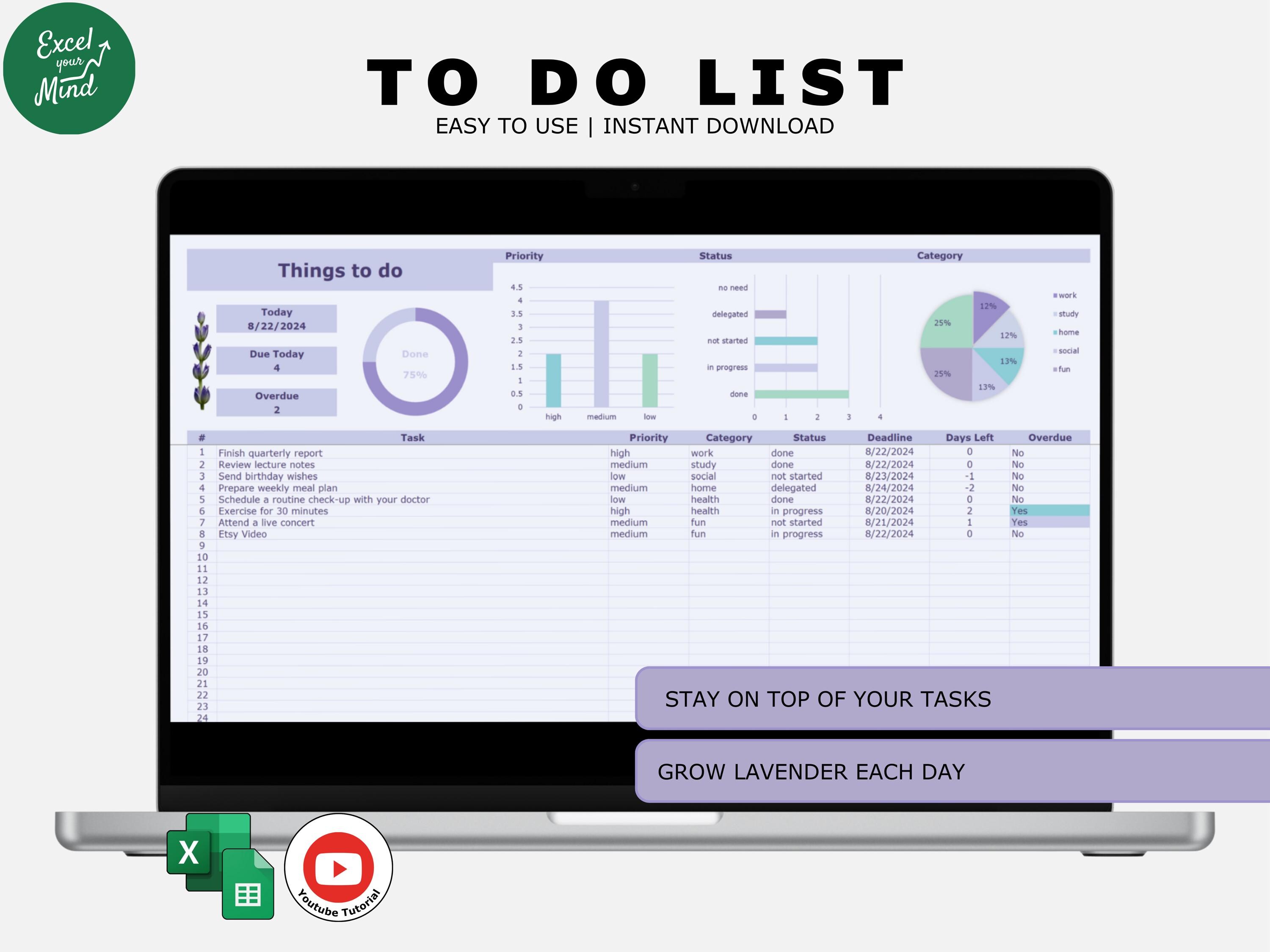 To-do List Template Spreadsheet Excel , Daily Task Tracker Digital ...