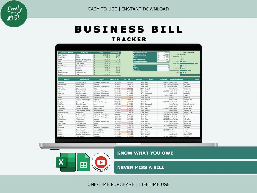 Business Bill Tracker: Simple Expense Log With Overdue Alerts (excel ...