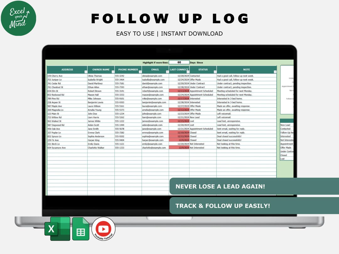 Client Follow up Log, Real Estate CRM Spreadsheet, Property Lead ...