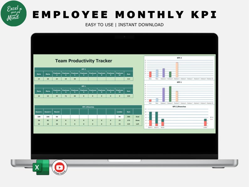 KPI Tracker: Employee Goals Branch Performance (excel & Google Sheets ...