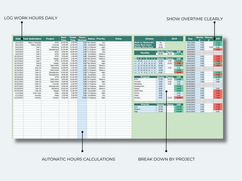 Daily Work Log With Auto Hour Calculation Excel - Etsy