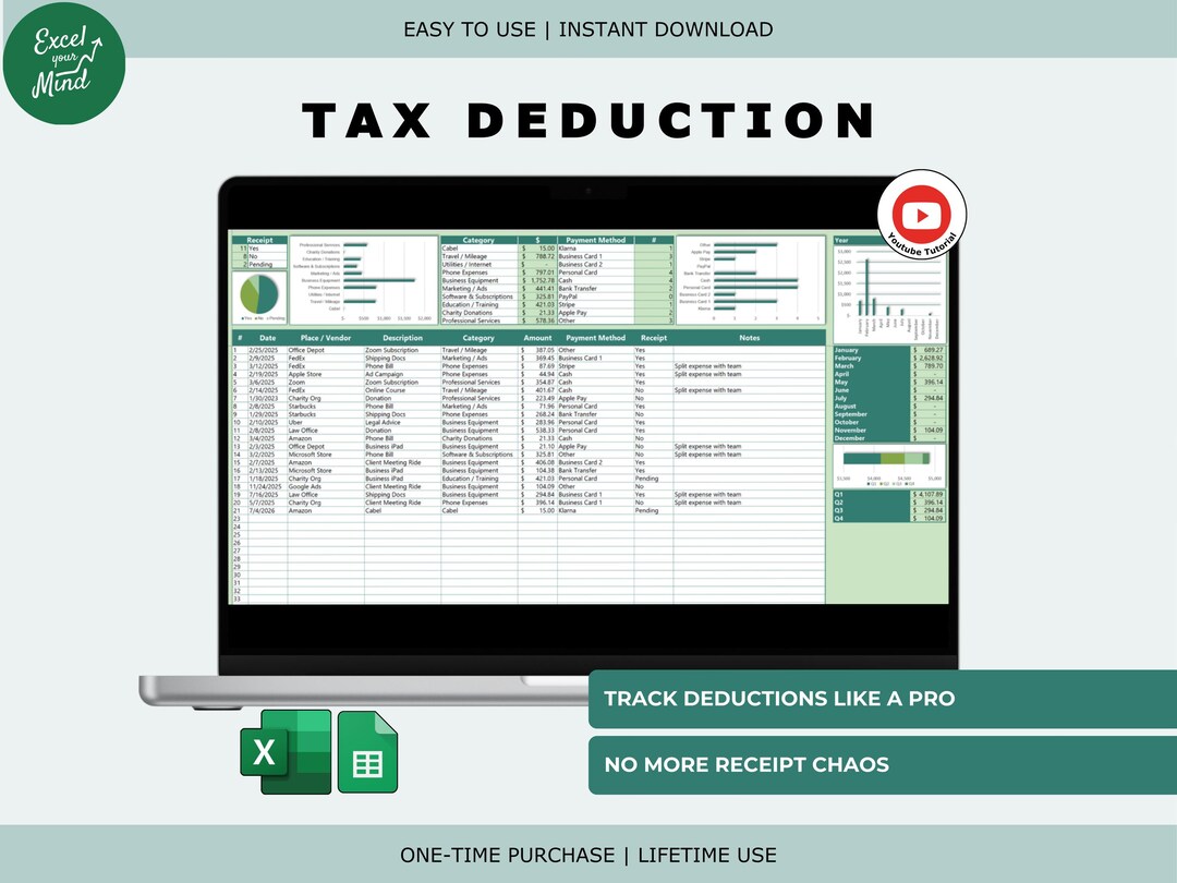 Tax Deduction Tracker With Dashboard: Business Expense Log, Receipt ...