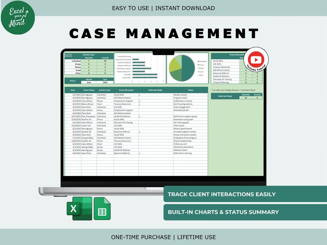 Social Work Case Management Tracker | Caseload Log (excel & Google ...