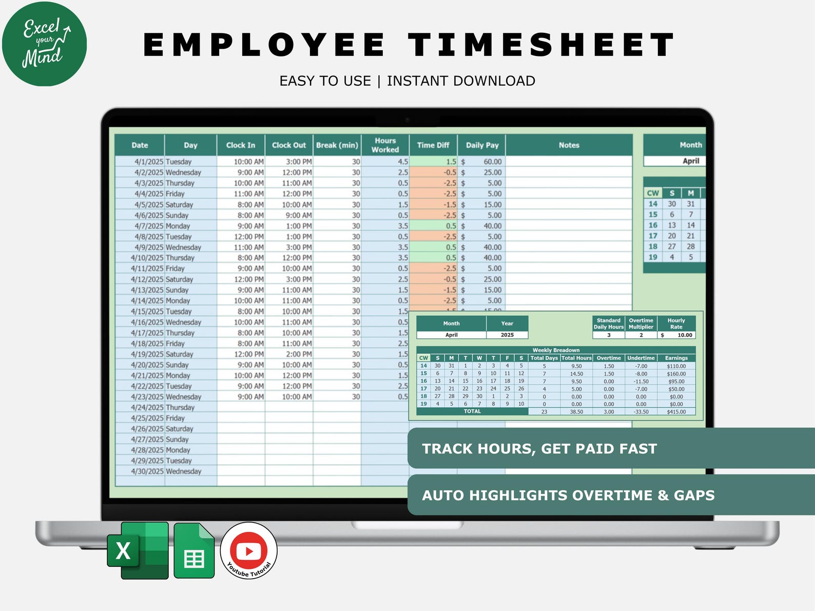 Employee Timesheet Tracker Excel Template | Clock in & Out, Overtime ...