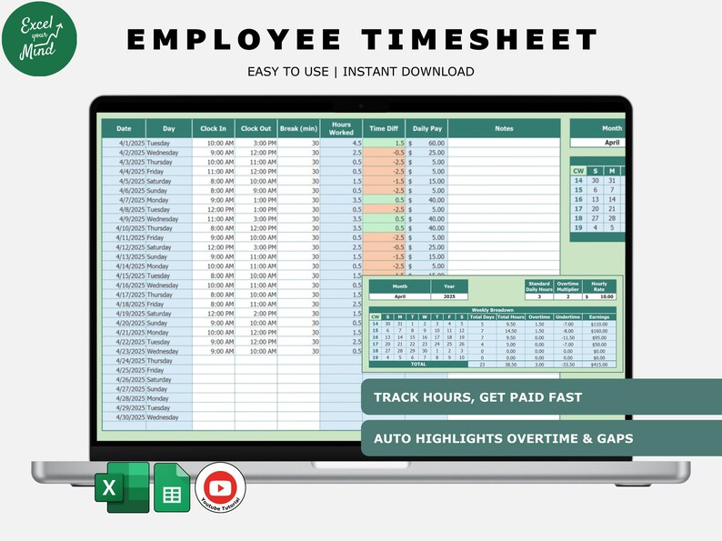 Employee Timesheet: Auto Hour Tracking & Overtime Pay Calculator (excel ...