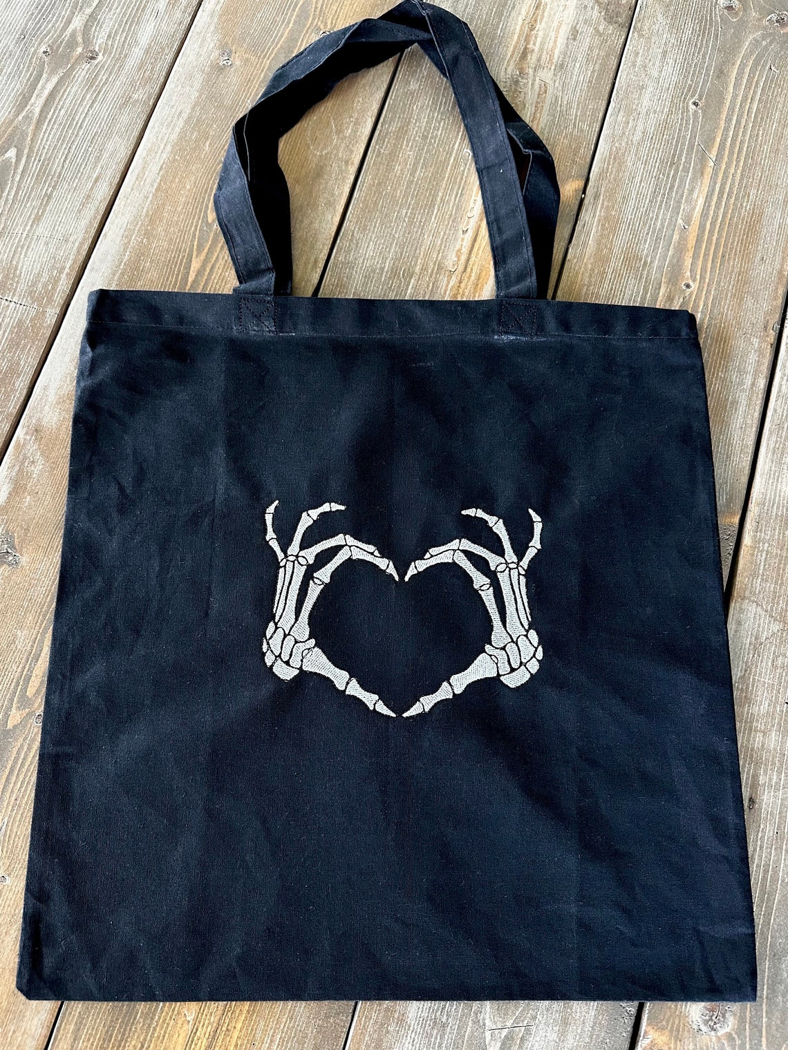 Skeleton Hands Heart Black Embroidered Canvas Tote Bag for Halloween ...