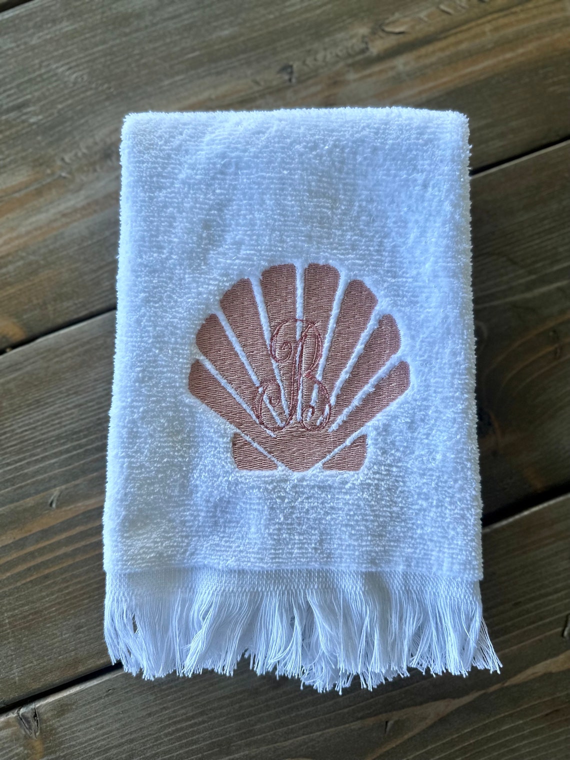 Sea Shell Fringe Fingertip Guest Hand Towel With Initial Monogram ...