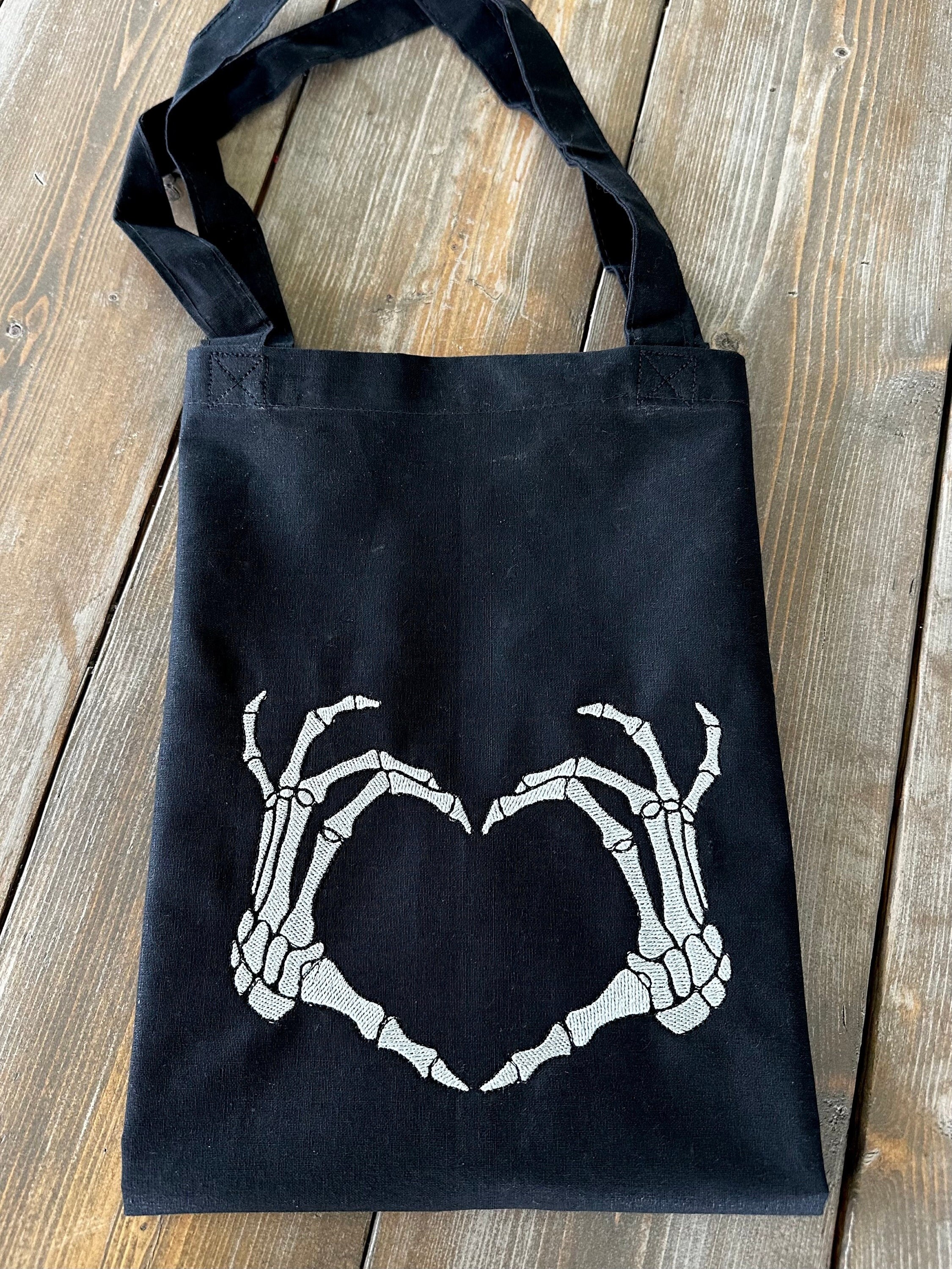 Skeleton Hands Heart Black Embroidered Canvas Tote Bag for Halloween ...