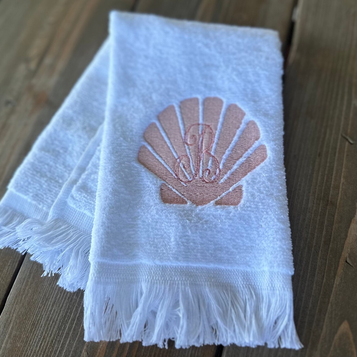 Sea Shell Fringe Fingertip Guest Hand Towel With Initial Monogram ...