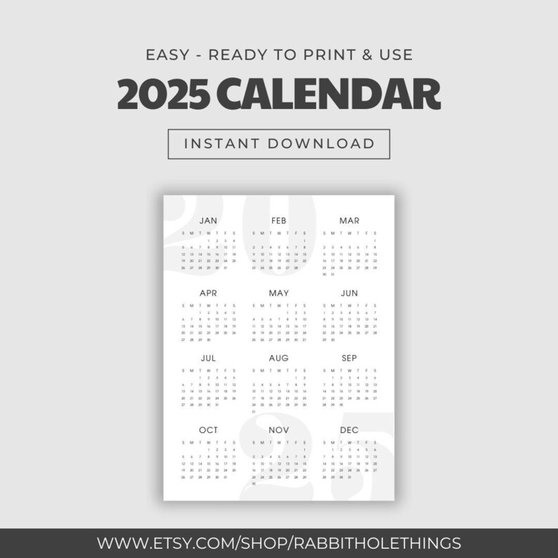 2025 Year Calendar - One Page - Minimalist - Digital Printable Download ...