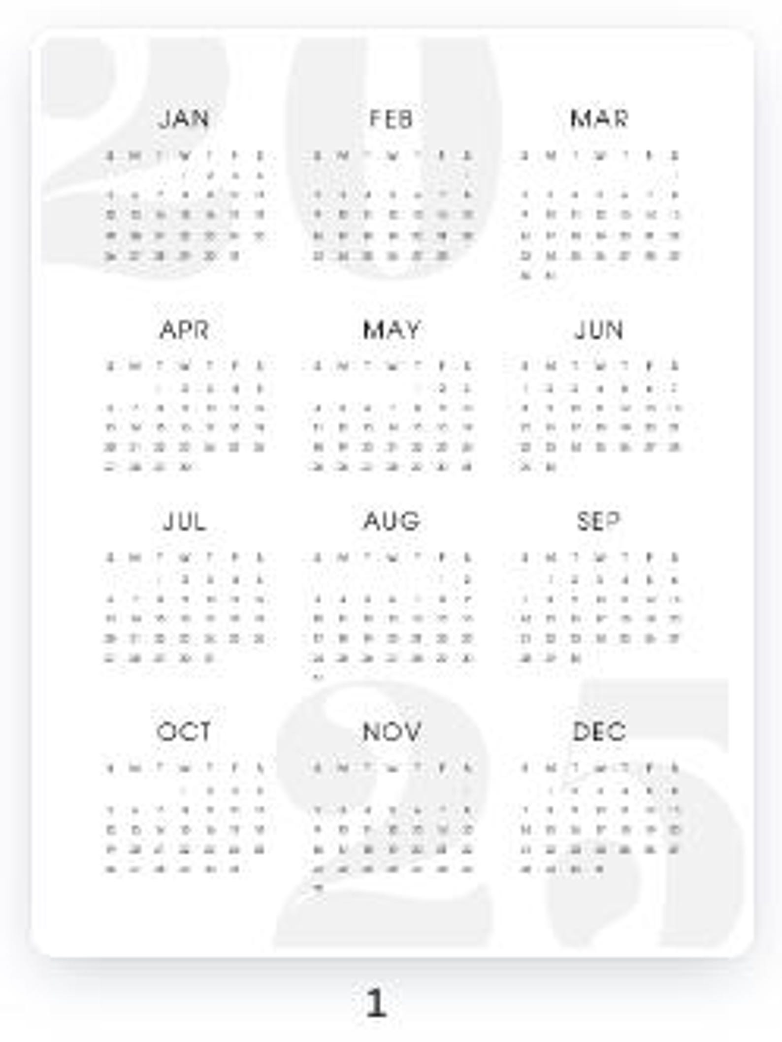 2025 Year Calendar - One Page - Minimalist - Digital Printable Download ...