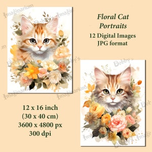 Floral Cat Portraits, 12 Cat Designs, Digital Paper Art, High Quality ...