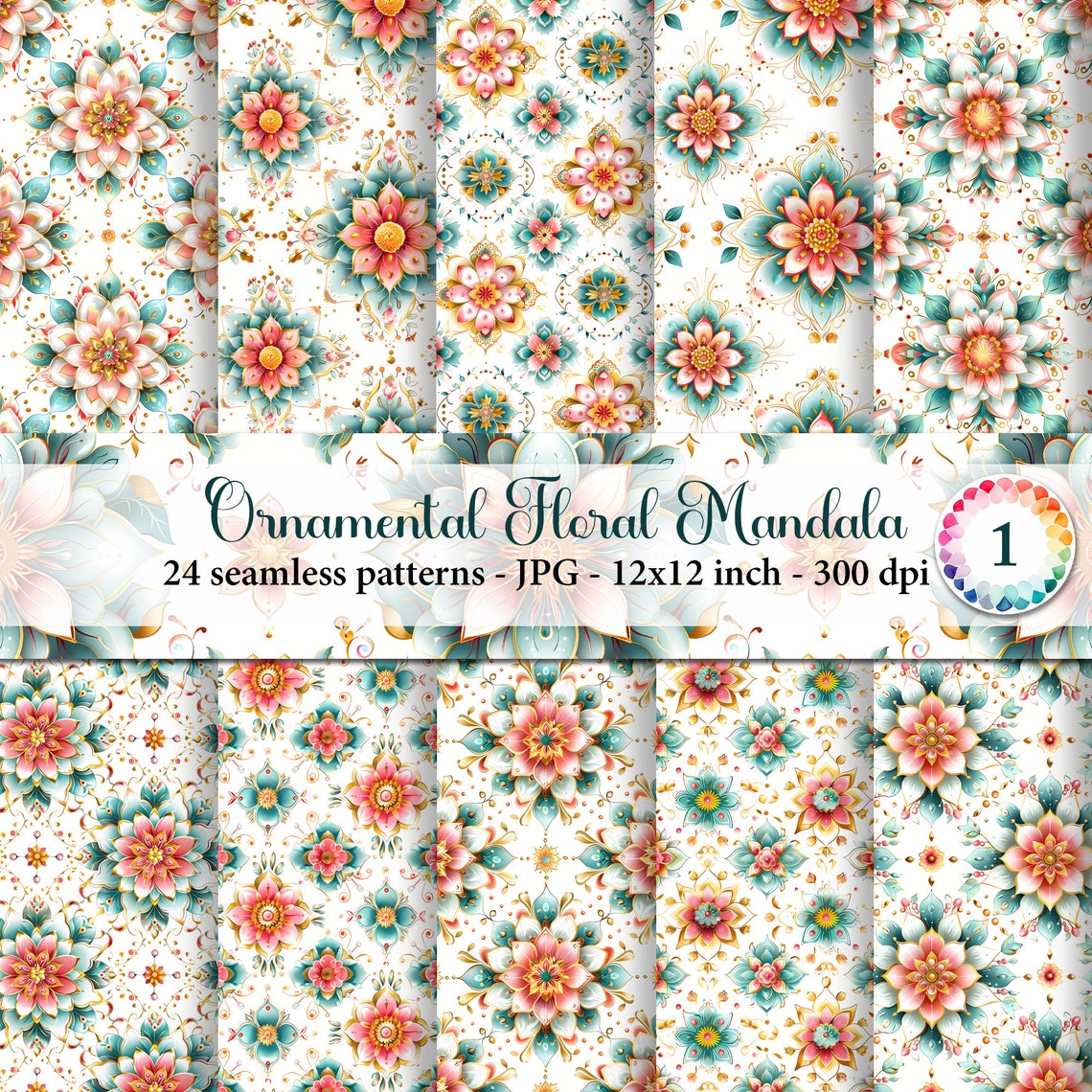 Ornamental Floral Mandala, 24 Seamless Design Patterns, Digital Paper ...
