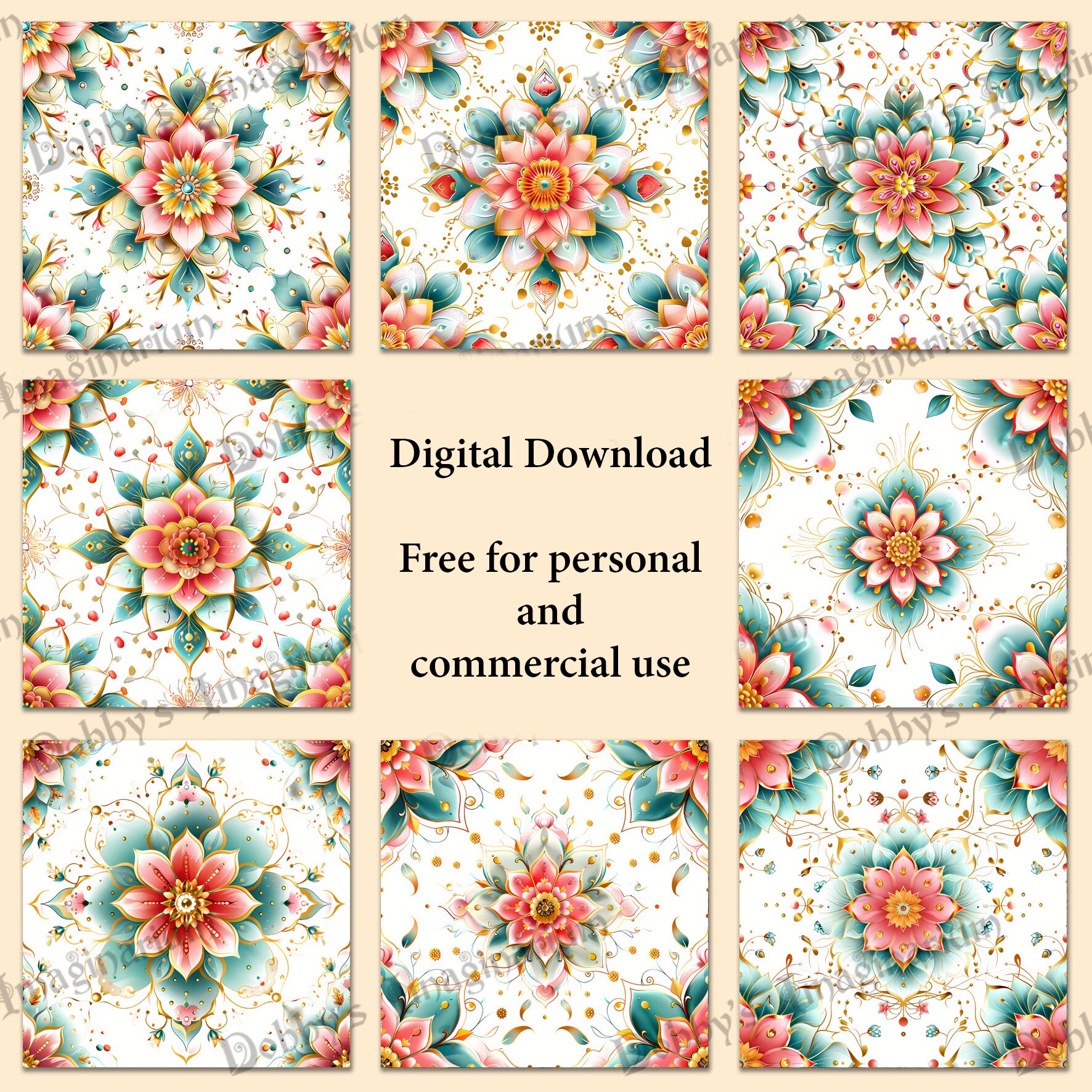 Ornamental Floral Mandala, 24 Seamless Design Patterns, Digital Paper ...