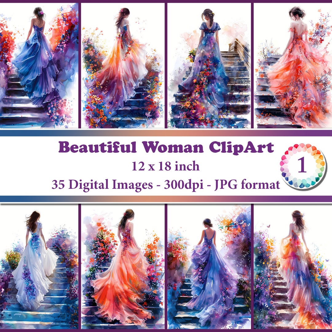 Beautiful Woman Clipart 1, 35 Watercolor Illustrations, Digital Paper ...
