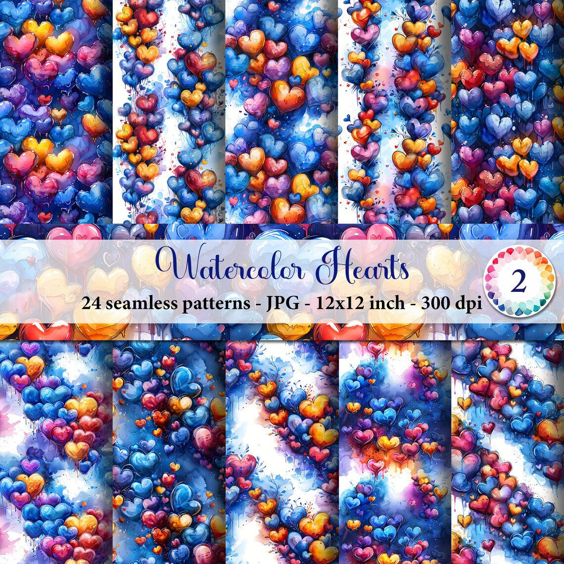 Watercolor Hearts Seamless Patterns: 12x12 in Digital Paper (JPG) - Etsy