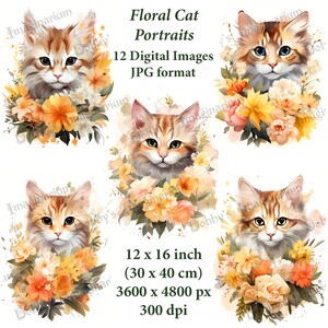 Floral Cat Portraits, 12 Cat Designs, Digital Paper Art, High Quality ...